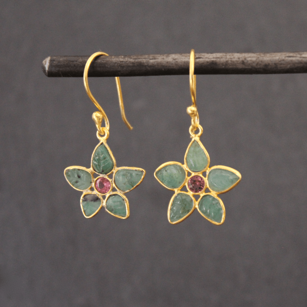 18ct Gold Vermeil Emerald & Ruby Flower Drop Earrings – Rococo Jewellery